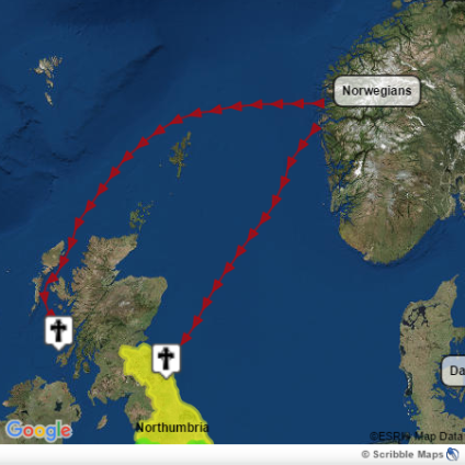 Map showing locations of Lindisfarne and Iona, as well as the Anglo ...