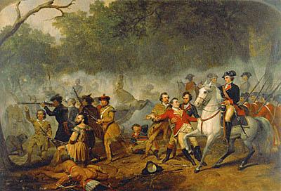 1754: Captain George Washington leading troops through the wilderness.