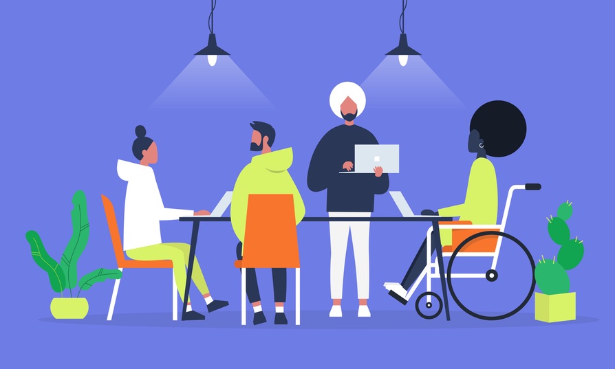 Stock image showing four cartoon people working, one in a wheelchair ...
