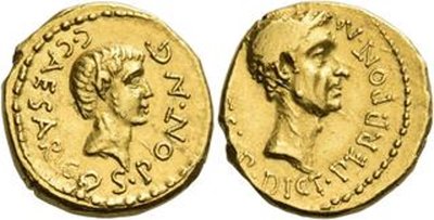 43 BCE, Transalpine Gaul Cisalpine Gaul mint. Bare and bearded head of ...