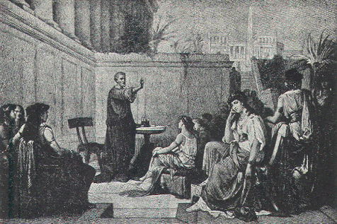 Illustration from 1913 showing Pythagoras teaching a class of women ...