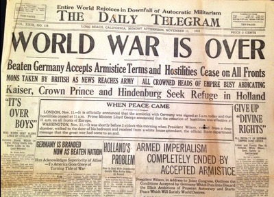 The American newspaper shows Germany's loss to the Allies in World War I.