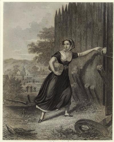This is Elizabeth Zane. She is shown bringing supplies to Fort Henry.