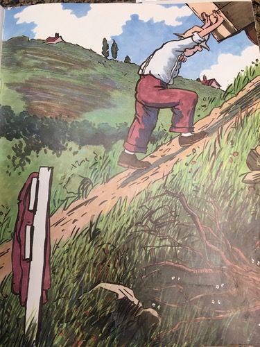 Albert hangs up his coat to help push June up the hill.