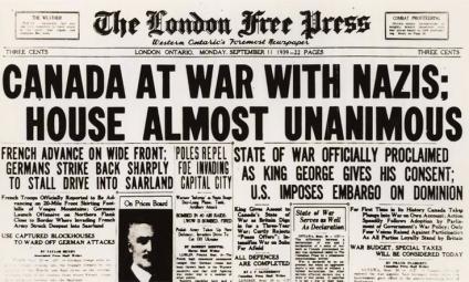 Newspaper article about Canada’s war declaration.
