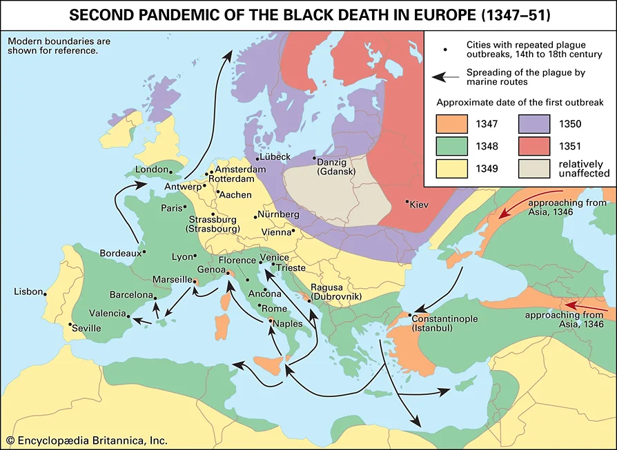 This map is a representation of routes in which the plague has spreaded ...