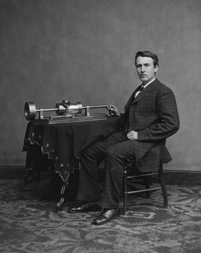 Thomas Edison circa 1878 pictured with his second phonograph.