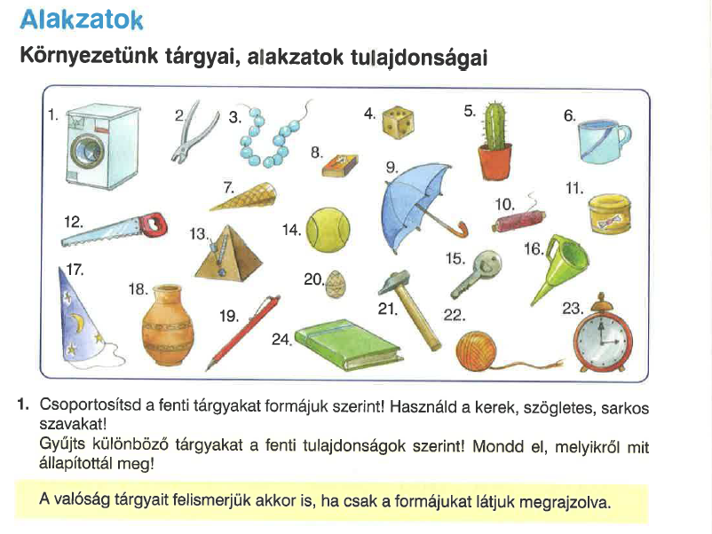 Csoportosítsd a tárgyakat a formájuk szerint! Csak szóban kell megoldanod!