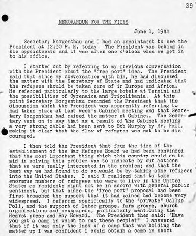 John Pehle, "Memorandum for the Files," June 1, 1944, MD 738, p. 39