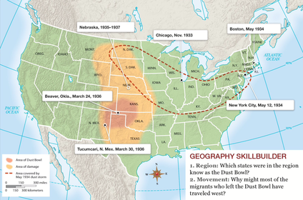 Map of the states affected by the Dust Bowl