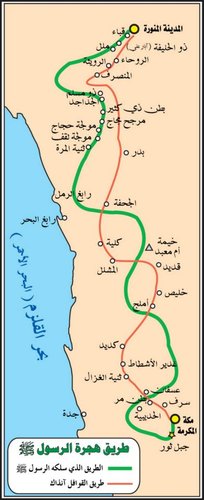 Hijrah Route Map (Red Line: Common route from Makah to Medina, Green ...