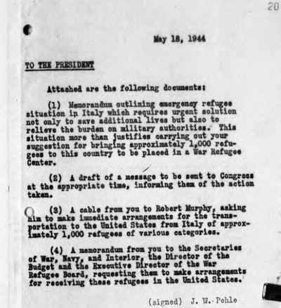 John Pehle, Cover letter for Memo to the President, May 18, 1944, MD ...