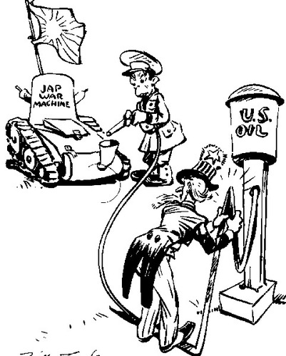 This political cartoon shows the effects of the embargo on Japan.