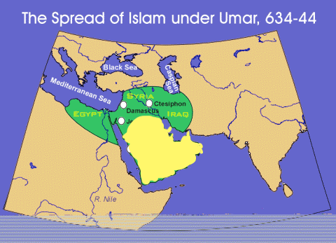 Yellow colored area is before Umar. Green colored area is by Umar.