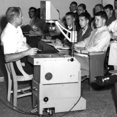 An early overhead projector in the classroom
