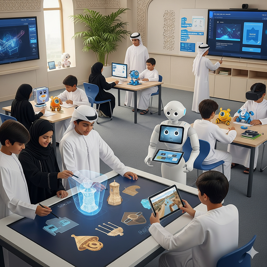 "Futuristic Emirati classroom with AI robots assisting students ...