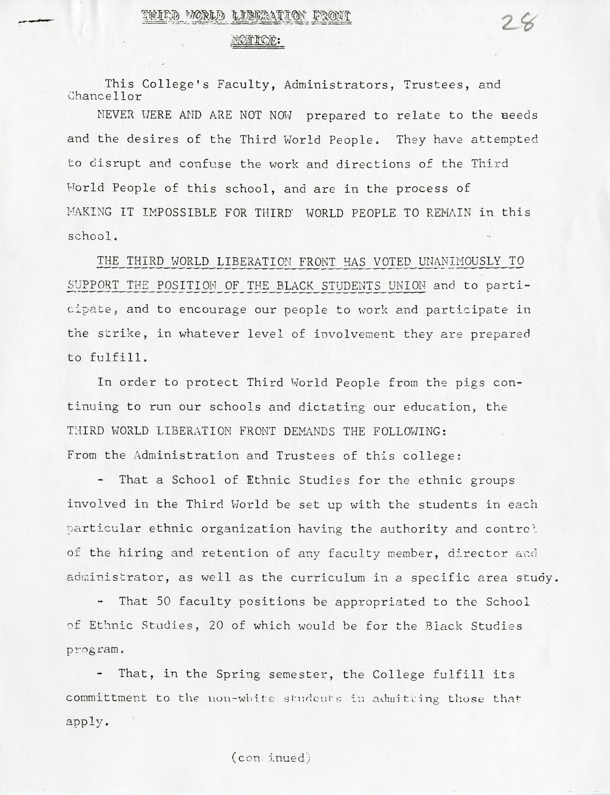 TWLF's Notice of Demands, 1968