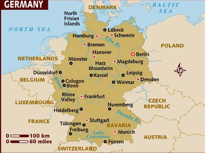 A map of Germany, and its surrounding countries.