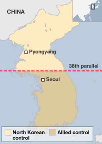 Where the 38th parallel is. It splits korea in half where the 38th ...