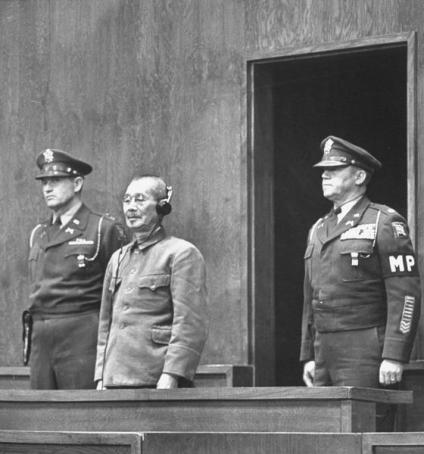 General Matsui Iwane stands on trial at the War Crimes court, receiving ...