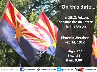 1912: On Valentines day, February 14, Arizona became the 48th state