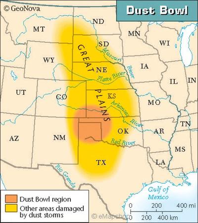 Map of the areas impacted by drought and the Dust Bowl.