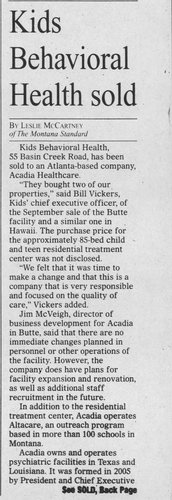 Sept. 2006: Acadia Healthcare acquires facility and renames it Acadia ...